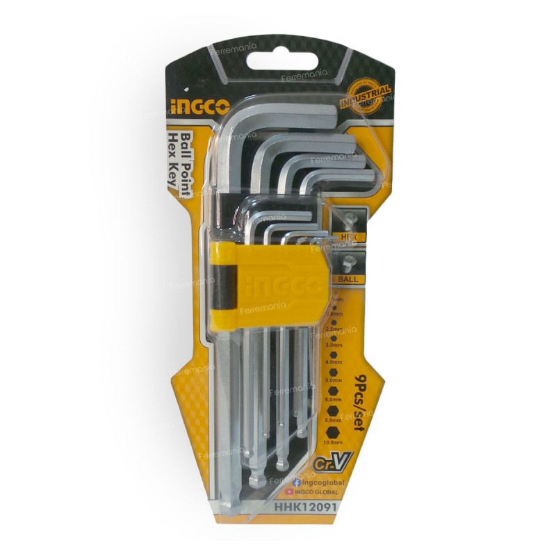 Set llaves allen punta bola brazo largo 1.5-10 mm 9PZAS HHK12091 Ingco