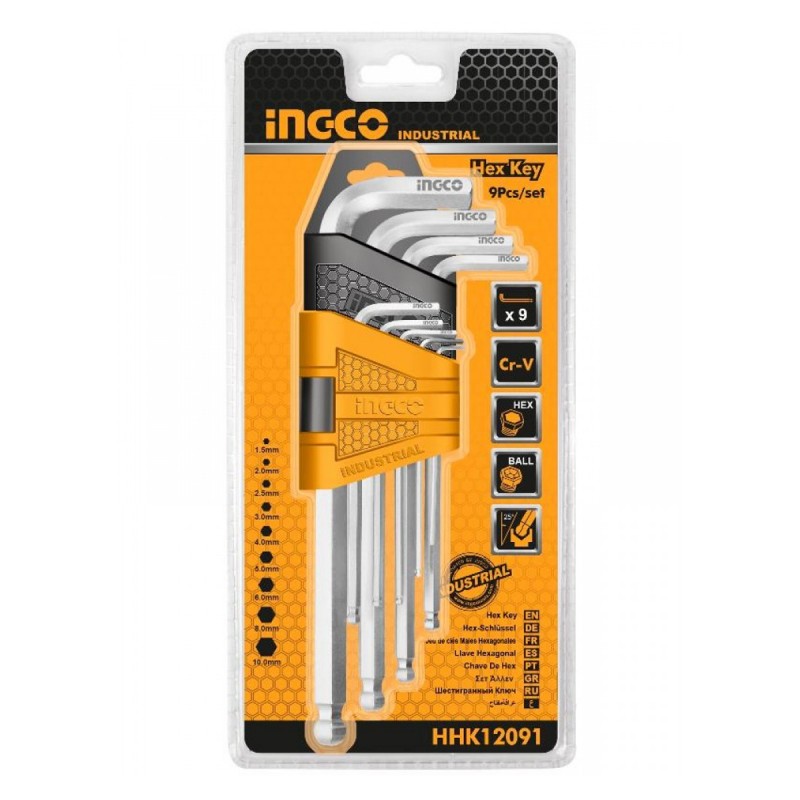 Set llaves allen punta bola brazo largo 1.5-10 mm 9PZAS HHK12091 Ingco